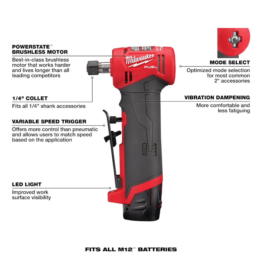 Milwaukee M12 Fuel Right Angle Die Grinder - Cordless 2Ah Kit (2485-22 ...