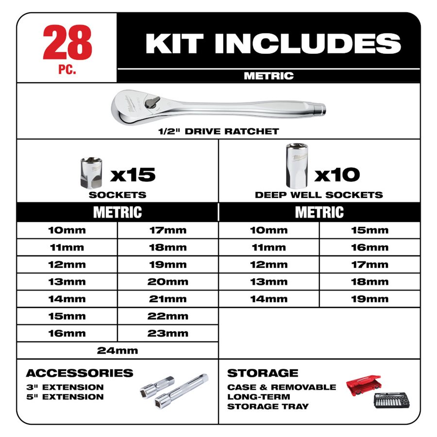 28 pc. 1 / 2 in. Socket Wrench Set (Metric)